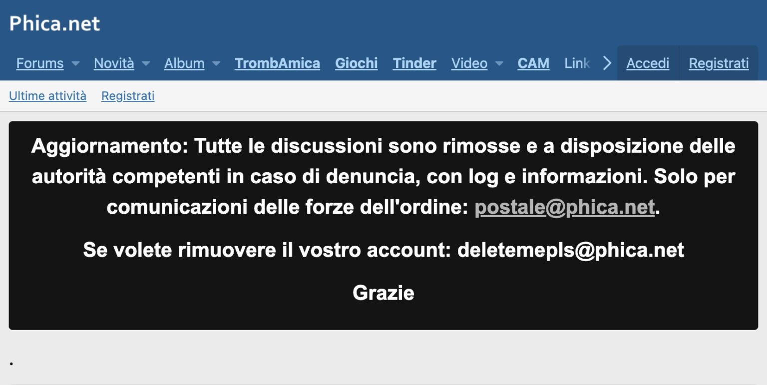 FORUM PORNO, IDENTIFICATO IL GESTORE DI PHICA.EU